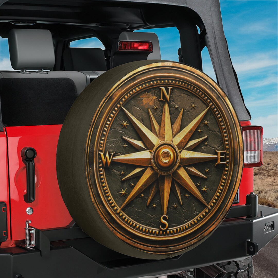 Antique Brass Compass Spare Tire Cover Backup Camera Hole Option ...