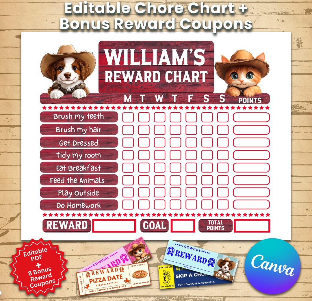 Cowboy Chore Chart: Kids Reward System, Editable PDF (instant Download ...