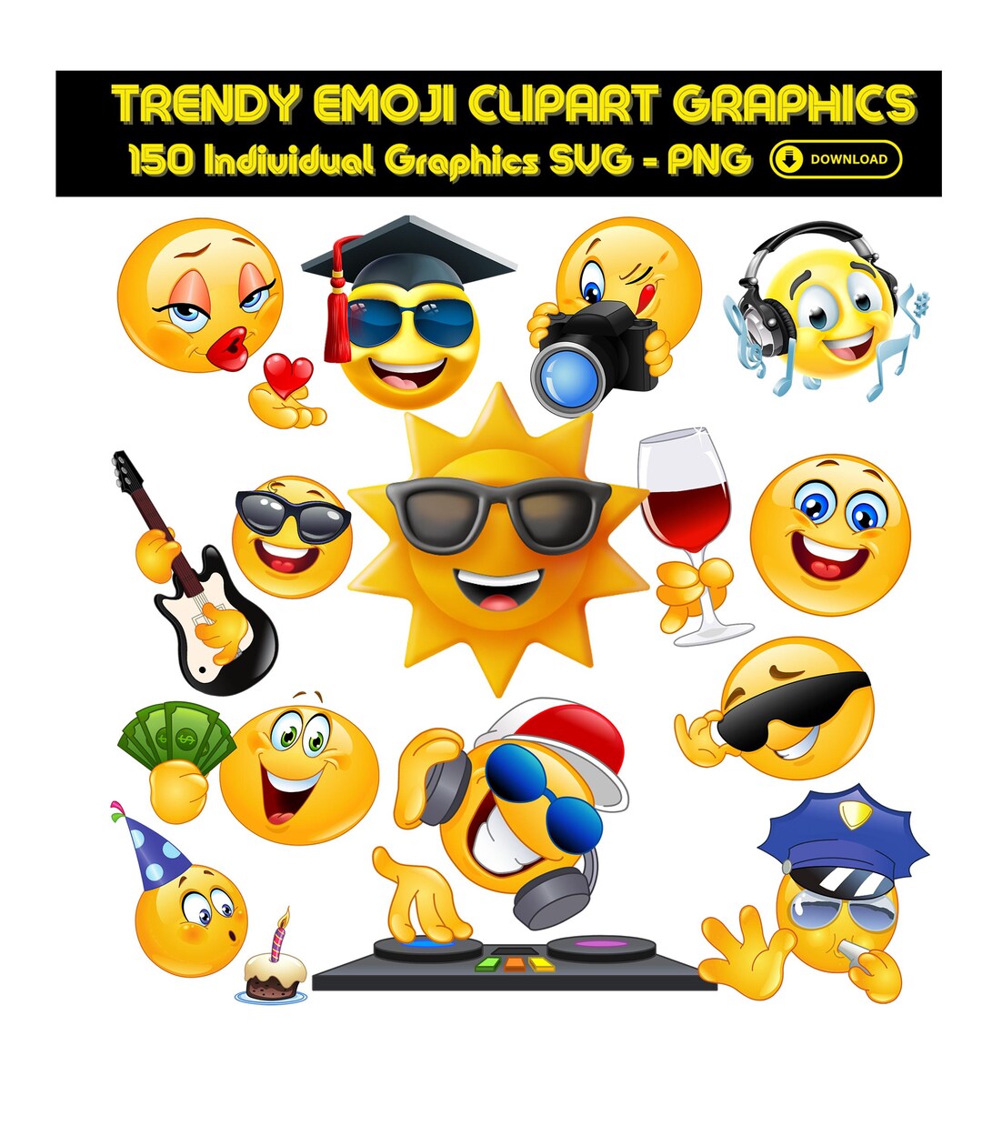 Emoji SVG Bundle 150, Emoji Clipart PNG, Emoji Clipart Bundle 150 ...