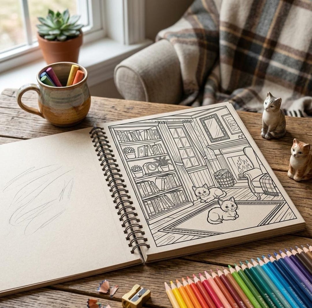 Living Room Cats Coloring Page: Cozy Cottage Vibe. Cute Cat Art ...