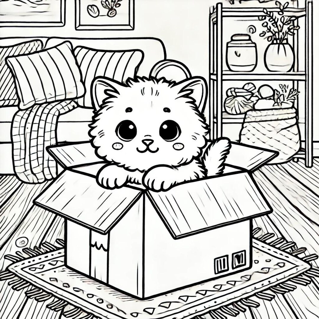 Cute Cat Playing With Box Coloring Pages, Cat Lover Coloring, Relaxing ...