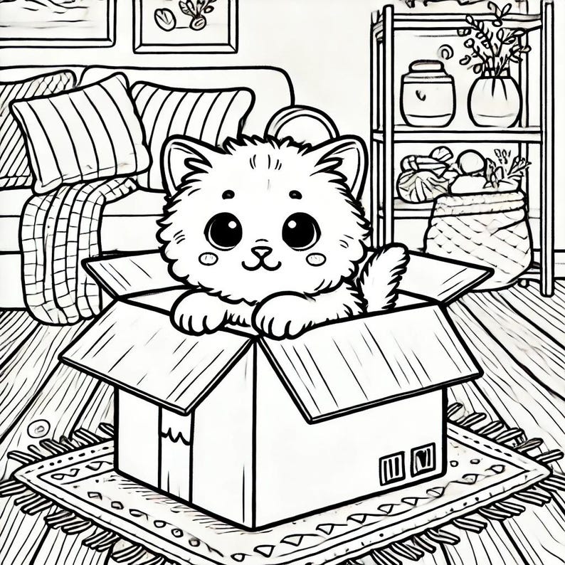 Cute Cat Playing With Box Coloring Pages, Cat Lover Coloring, Relaxing ...