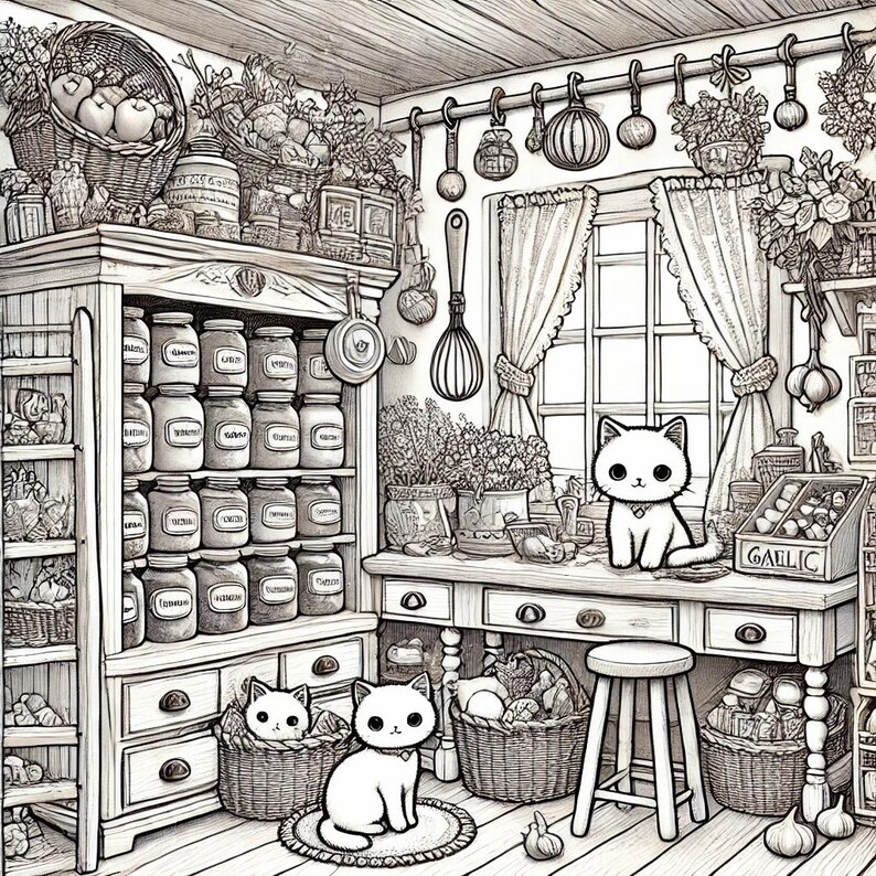 5 Cute Cat Scene Coloring Pages, Cat Lover Coloring, Relaxing Coloring ...