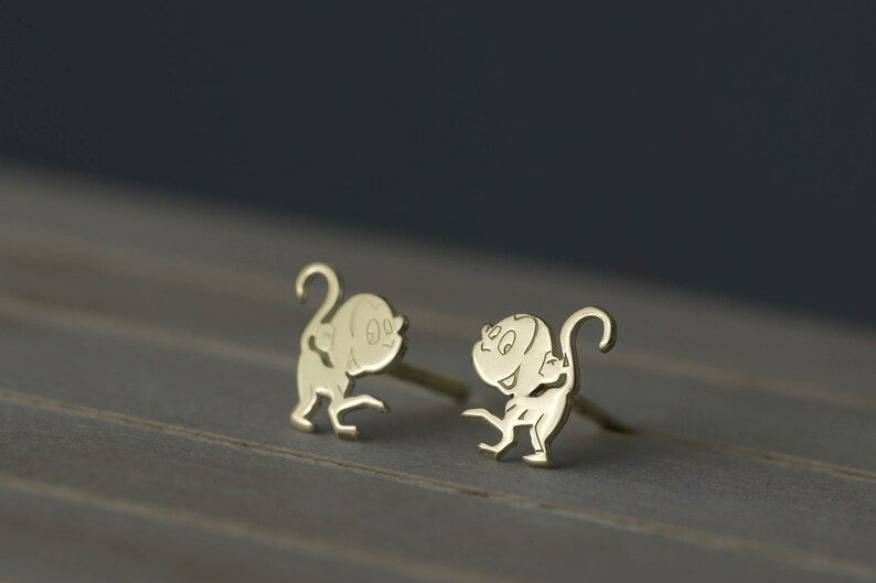 Small Monkey Earrings in 14 Karats White Gold, Engraved Cute Animal ...