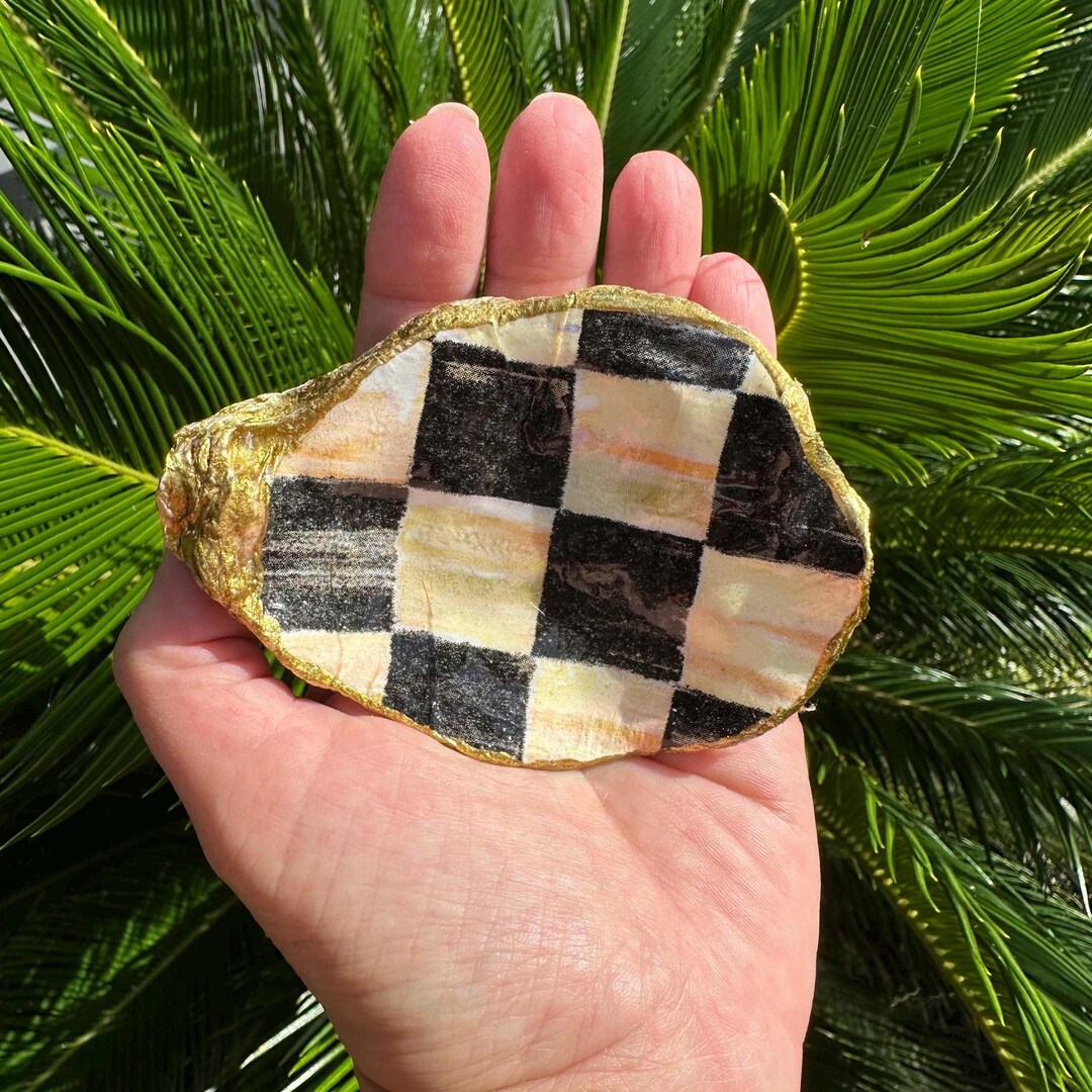 Handcrafted Checkered Oyster Shell Dish, Shell Jewelry Holder, Black ...