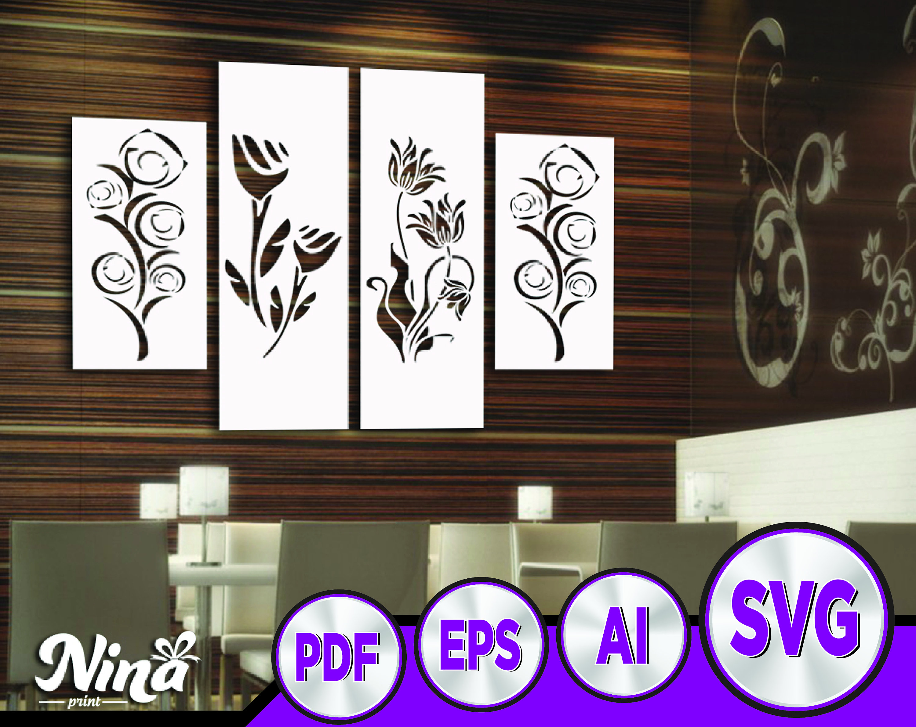 FLOWERS 4 Panels. Laser Cut Files Svg, Eps, AI, Pdf, Laser Svg File ...