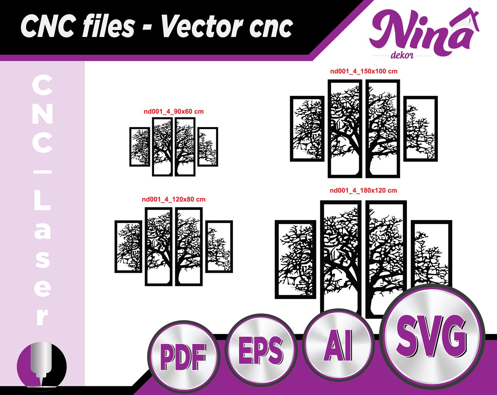 Tree Branches 4 Panels. Laser Cut Files Svg, Eps, AI, Pdf, Laser Svg ...