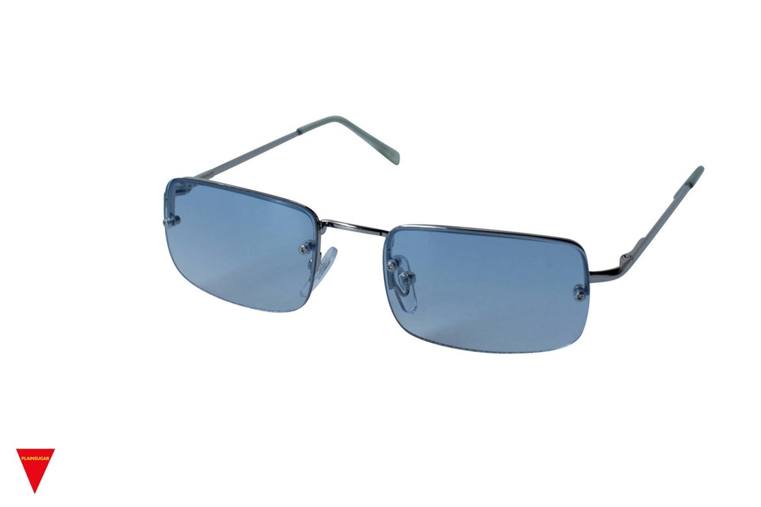 Square Rimless Sunglasses 90s Frames Thin Silver Frame Blue Lenses - Etsy