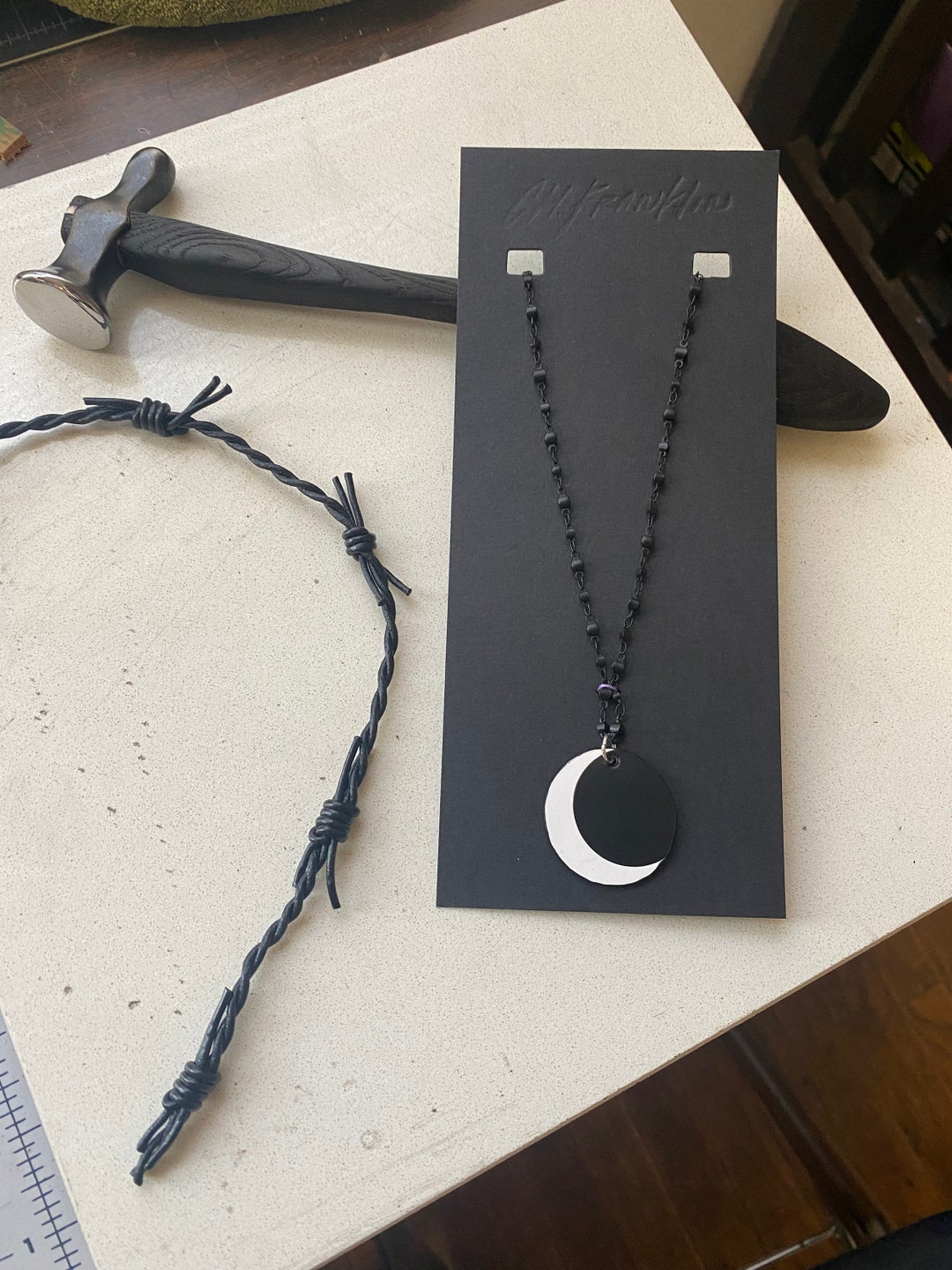 Crescent Moon Leather Marquetry Rosary Necklace - Etsy