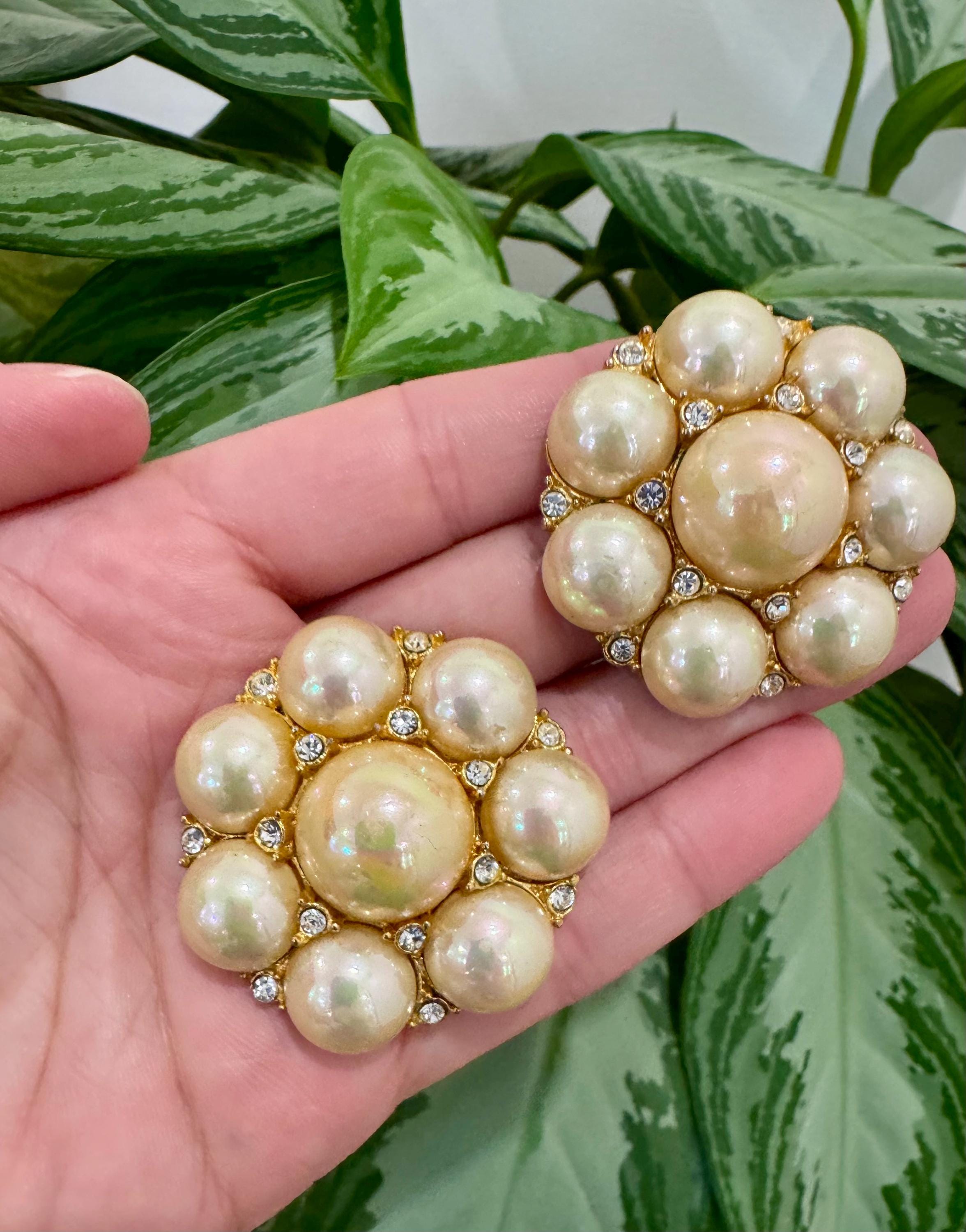 Vintage 1970s Bold Gold-tone & AB Pearl Earrings, Retro Statement ...