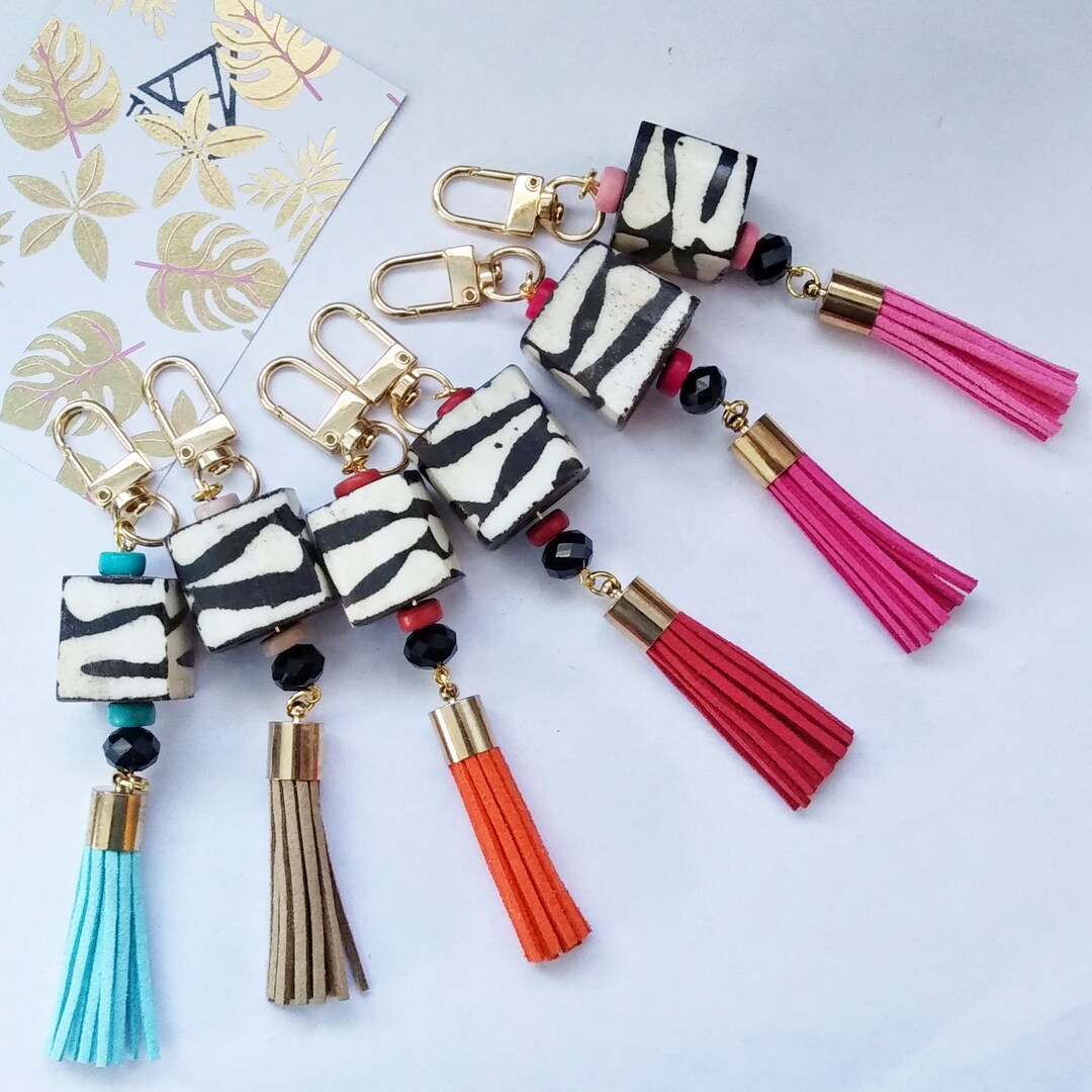 African Beads & Colorful Tassels Unique Strap Keychain With Cow Bone ...