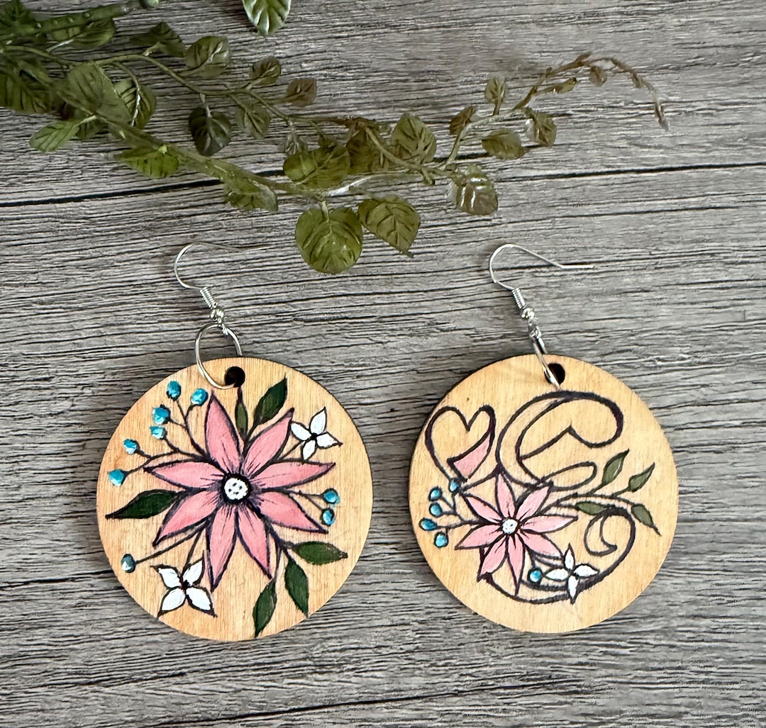 Floral Alphabet E Hand-painted Earrings: Boho Wood Dangle - Etsy