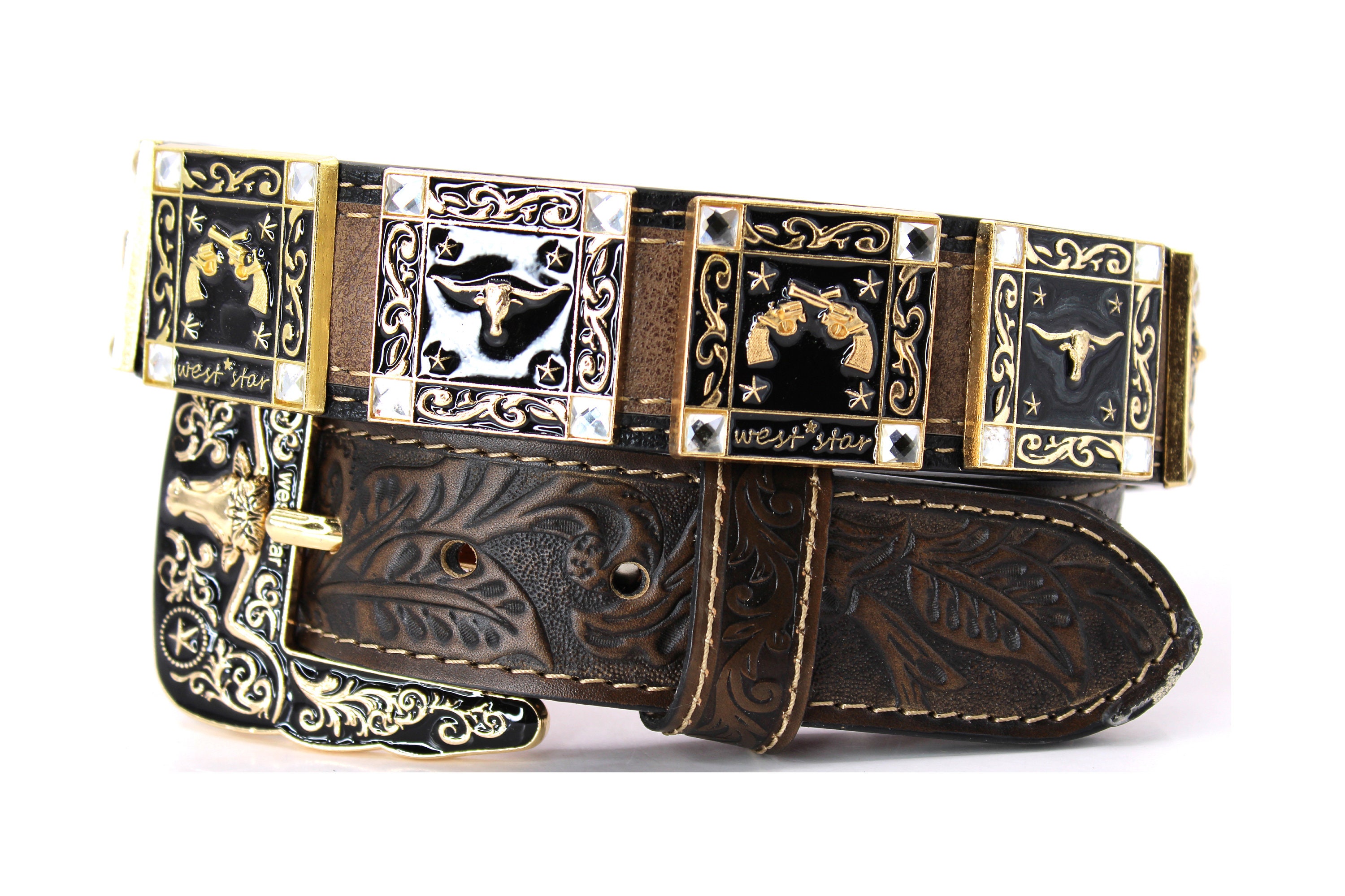 Western Longhorn Double Gun Concho Gürtel echt Leder Schwarz - Etsy.de