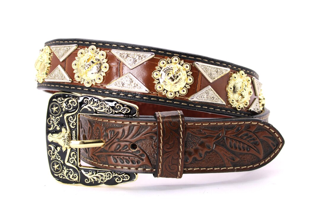 Western Style Coffee Leather Belt Gold Silver Embellishment West Star ...