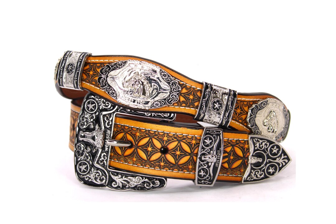 Brown Leather Western Belt: Cowboy Conchos, Horses Style - Etsy