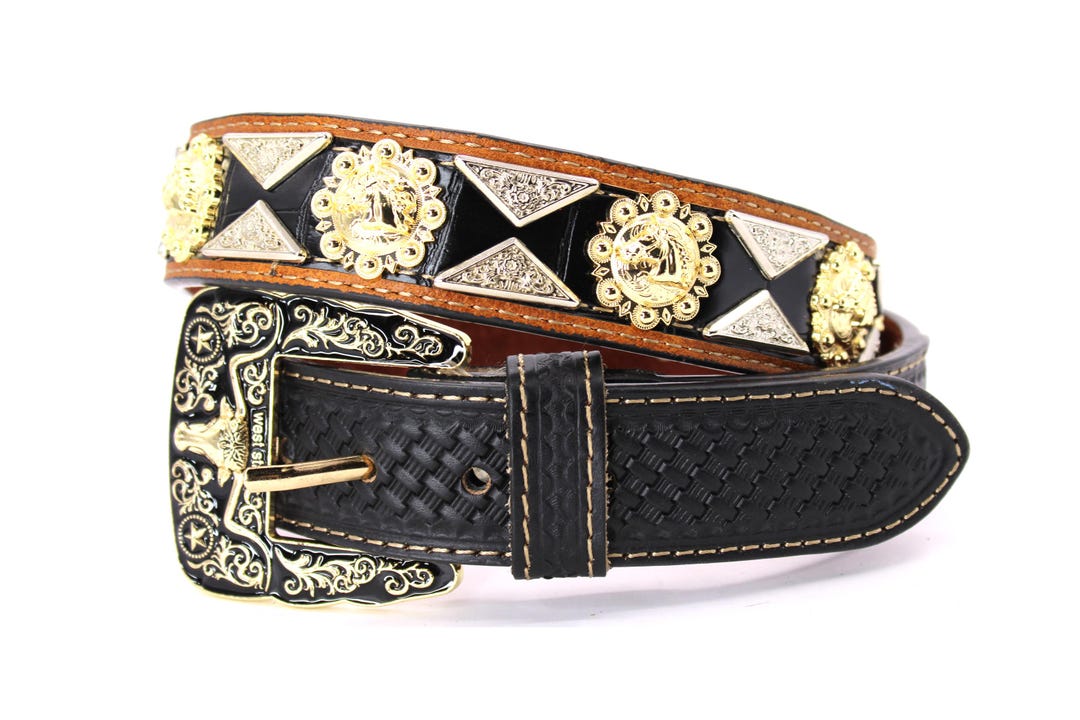 Western Style Black Leather Belt Gold Silver Embellishment West Star ...