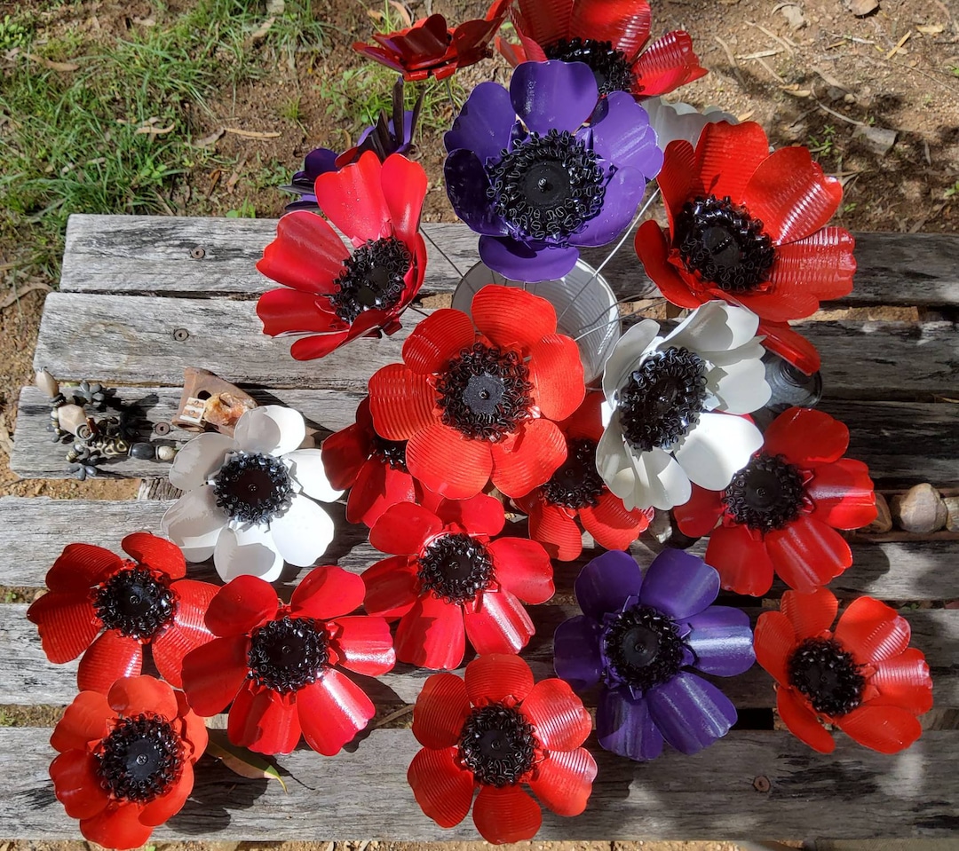 Red, White or Purple Poppy Inspired Upcycled 8 or 12 Inch Tin Flower ...