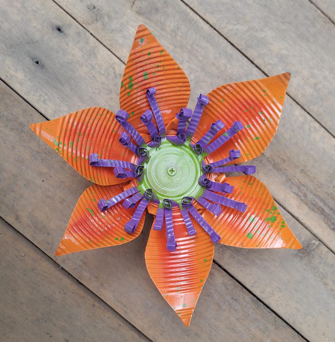 Tangerine Orange, Purple, Lime Green Lily Inspired Upcycled 9 Inch Tin ...