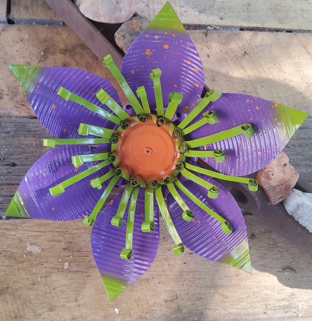 Purple & Lime Green Lily Inspired Upcycled 9 Inch Tin Flower | Rustic ...