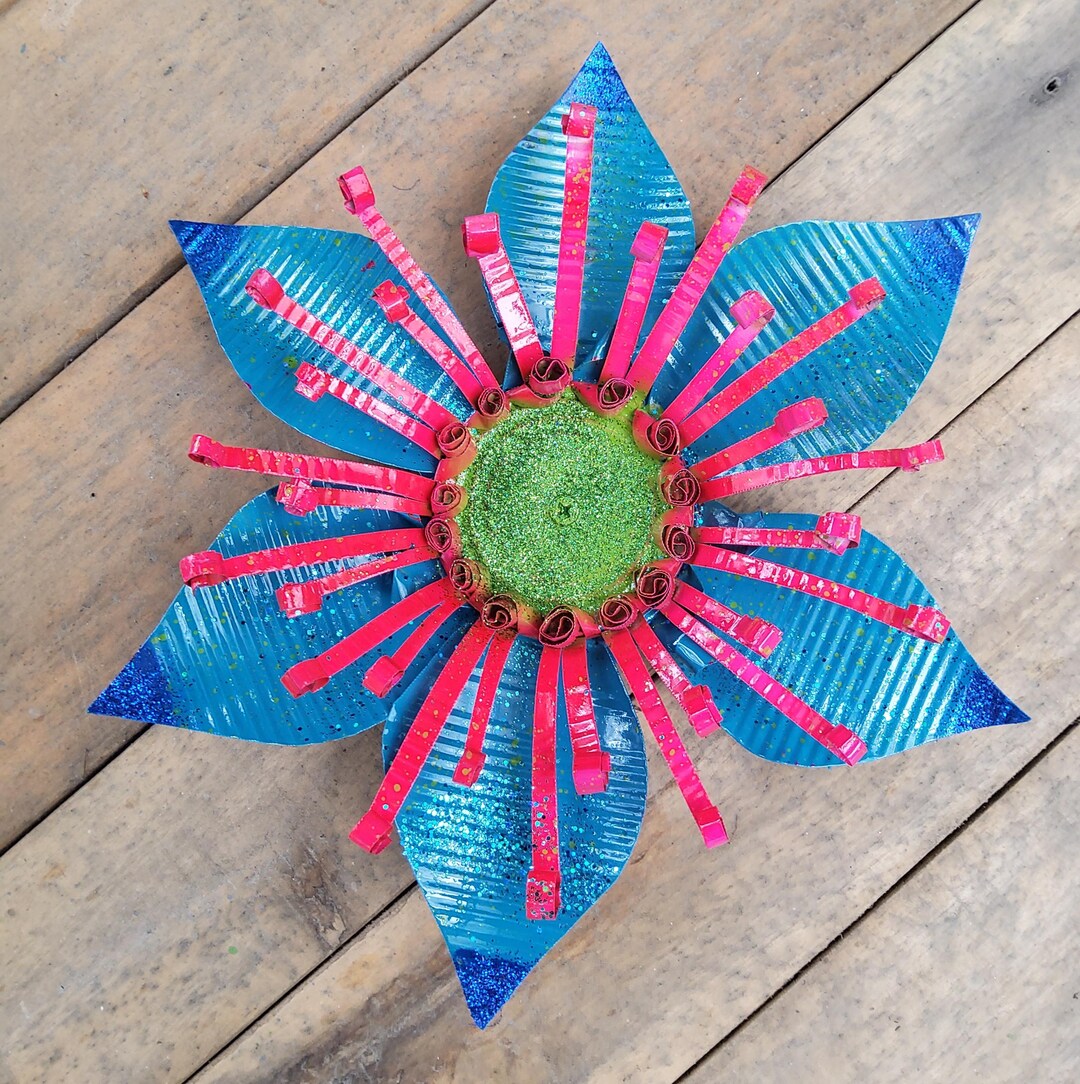 Turquoise & Tropical Pink Lily Inspired Upcycled 9 Inch Tin Flower ...
