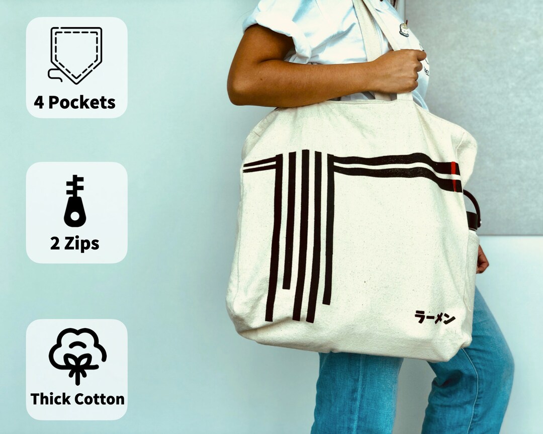 Ramen Tote Bag (4 Pockets, 2 Zippers), Very Thick Canvas Cotton Tote ...
