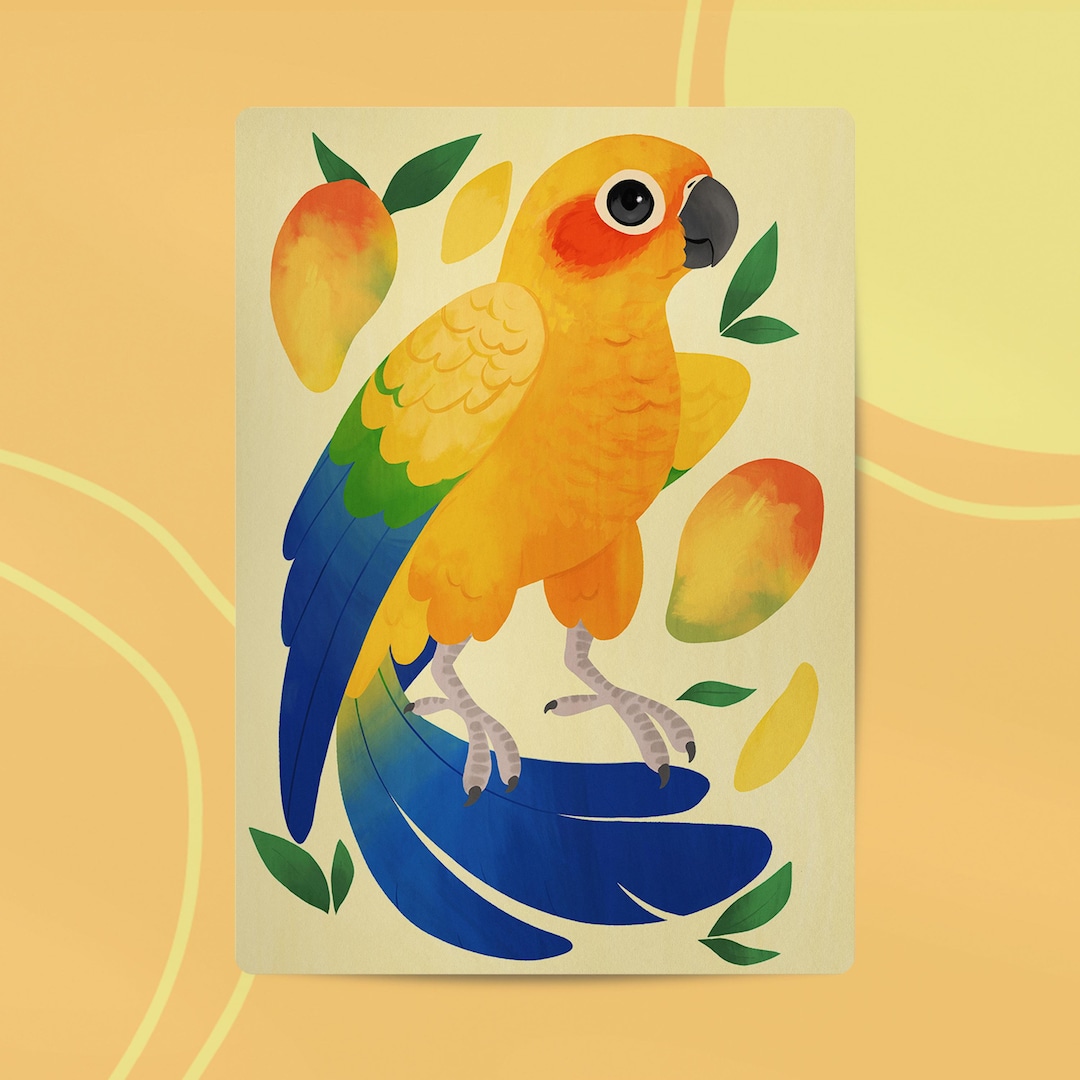 Sun Conure Art Print: Tropical Bird & Mango Giclee - Etsy