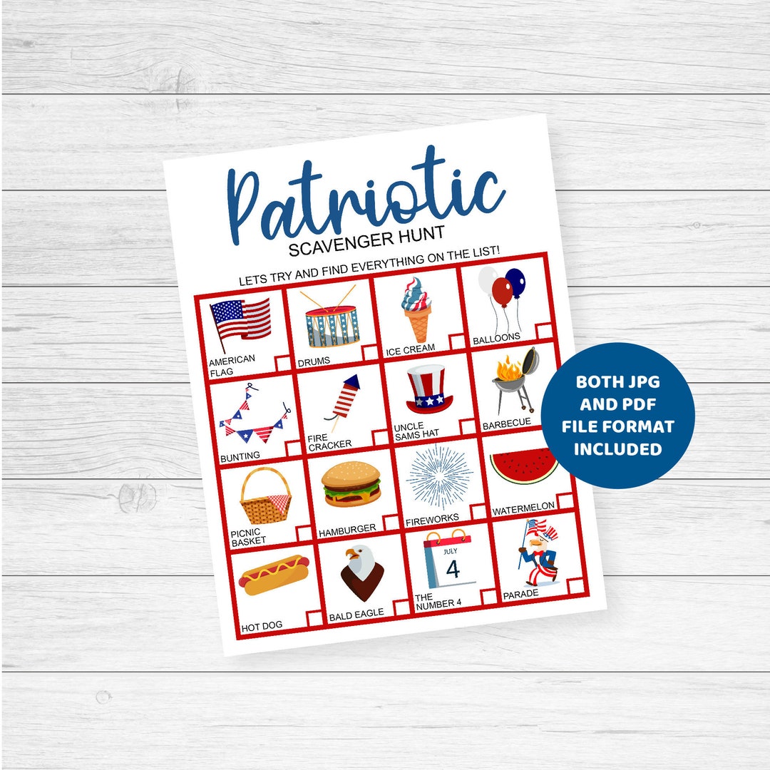 Patriotic Scavenger Hunt, Fourth of July Treasure Hunt, Printable Games ...