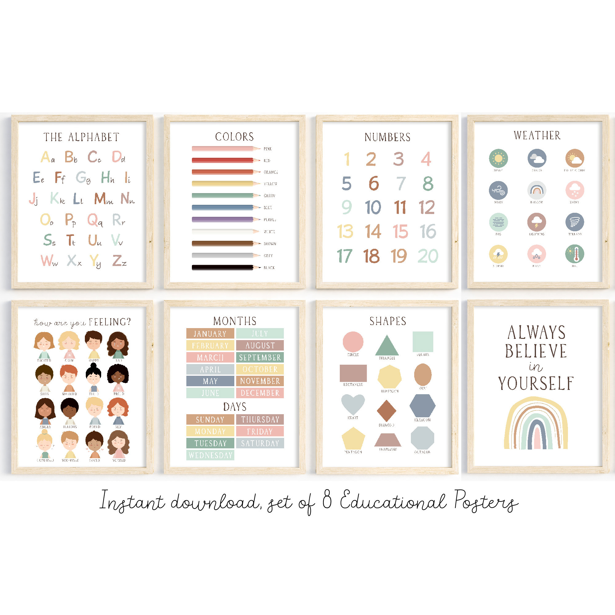 Rainbow Classroom Decor, Montessori Learning Posters, Set of 8 (digital ...