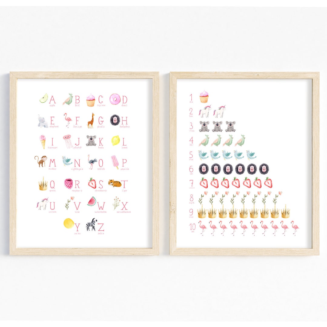 Girls Wall Art, Educational Printables, Alphabet and Numbers Print Set ...