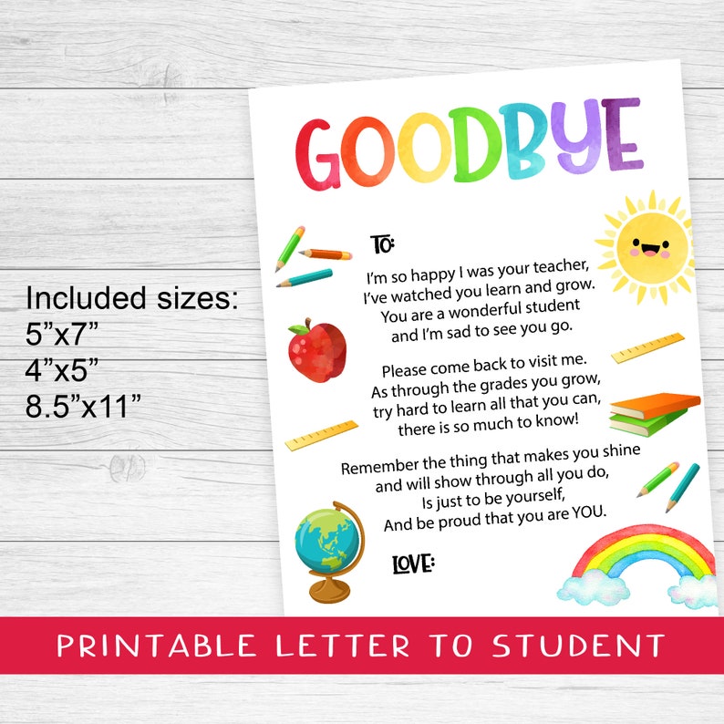 Gift From Teacher End of School Letter Goodbye Poem to - Etsy Canada