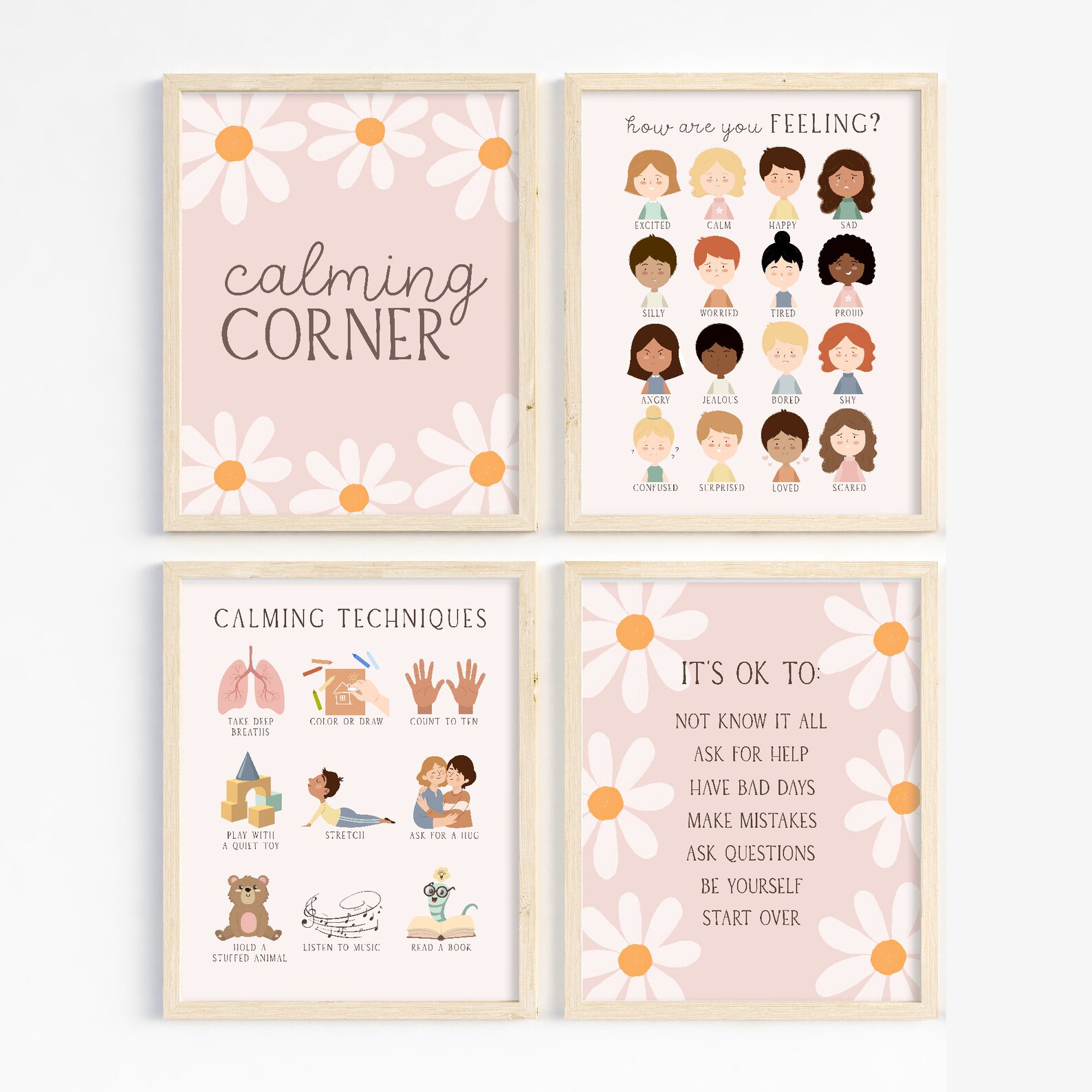 Calming Corner Set of 4 Posters for Girls, Montessori Playroom, Boho ...