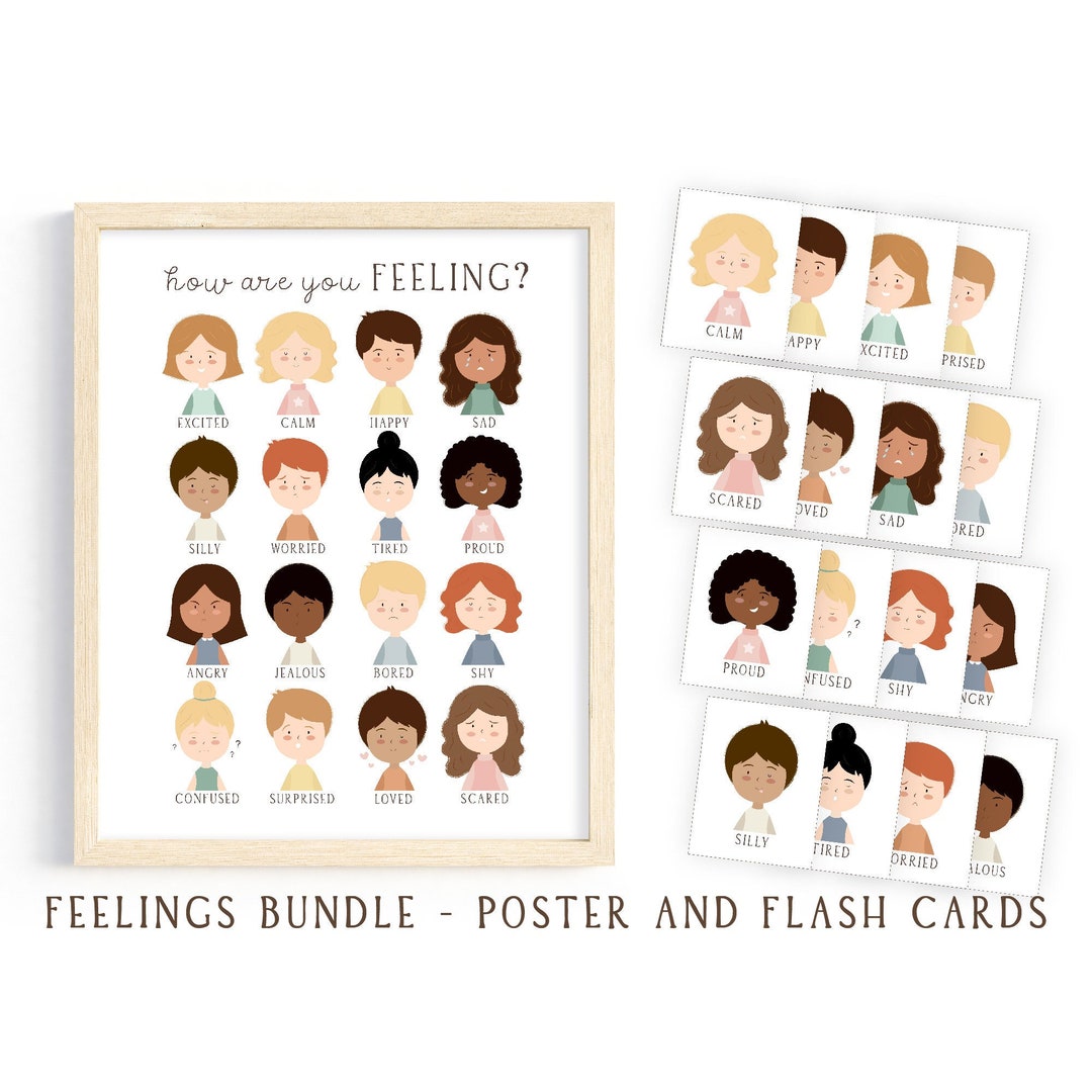 Feelings Chart and Flashcards Set, Printable Bundle, Feelings Flash ...