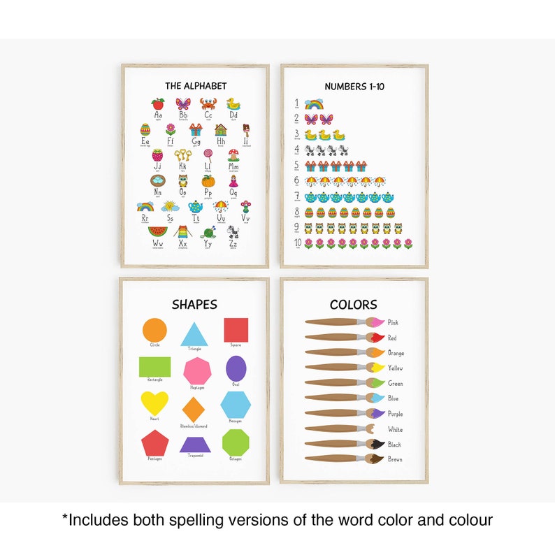 Educational Prints Set of 4 – Alphabet, Numbers, Shapes, Colors ...