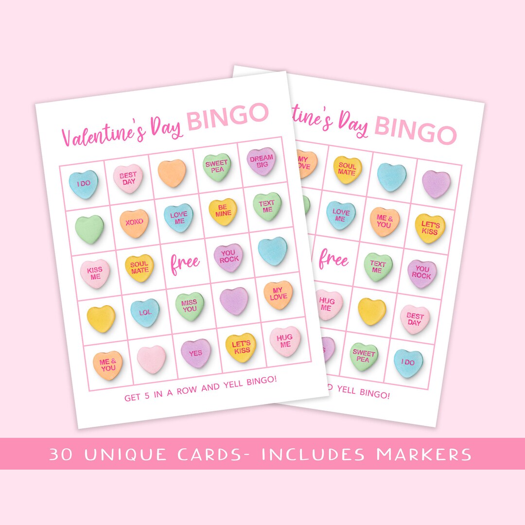 Valentine's Day Party BINGO Game - 30 Unique Cards, Conversation Hearts ...