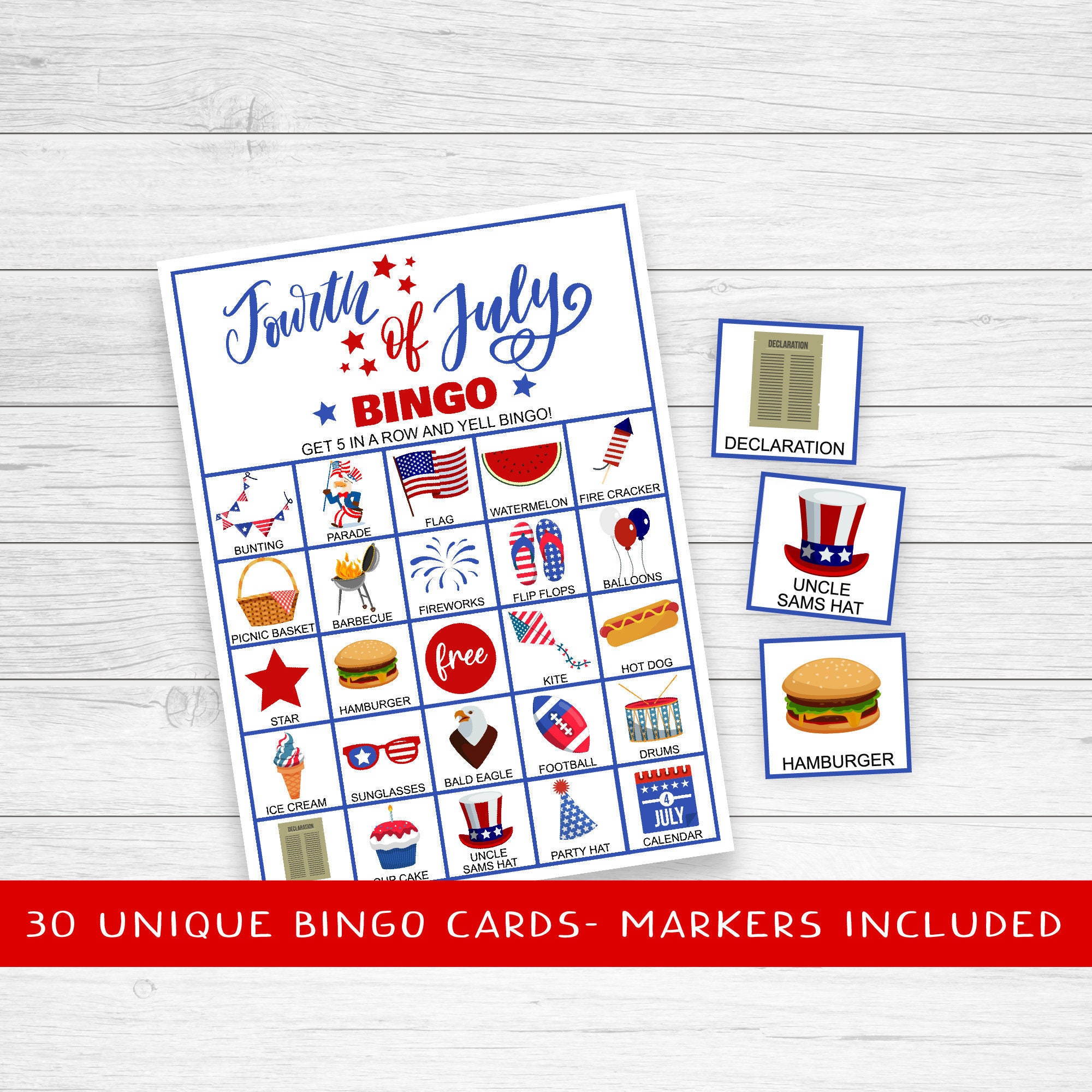 4th of July Bingo 30 Unique Cards Patriotic Party Game - Etsy