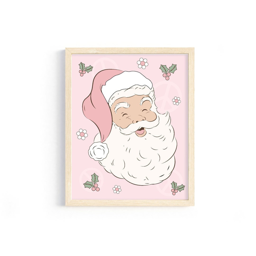 Pink Christmas Printable, Retro Santa Print, Retro Christmas, Girls ...