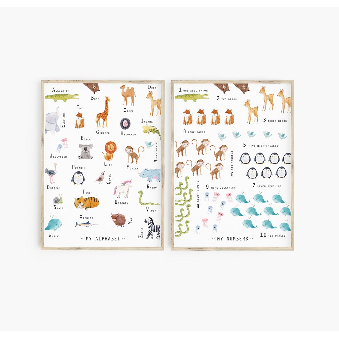 Watercolor Animal Alphabet and Numbers Print Set – Nursery Decor ...
