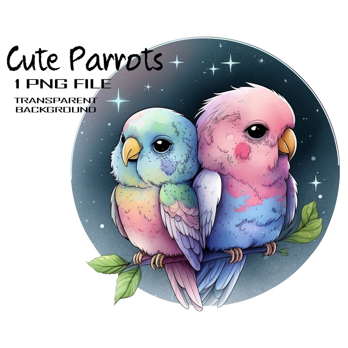 Funny Chibi Parrots Clipart on Blue-pink Moonlight Watercolor - Etsy
