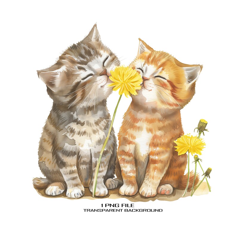 Cute Cats Clipart, Spring Flowers Dandelions PNG, Digital Download File ...
