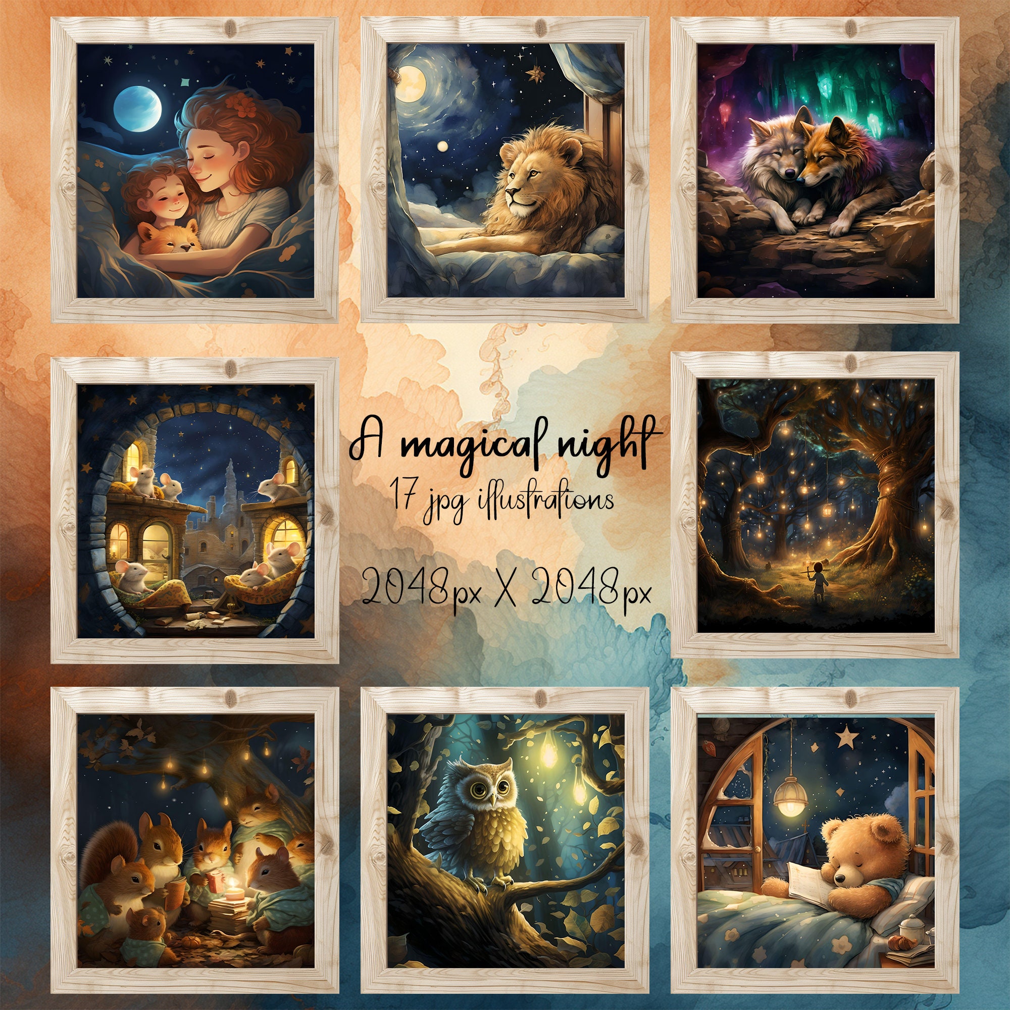 Kid Book Illustrations Set of Night Stories With Cute Animals and ...