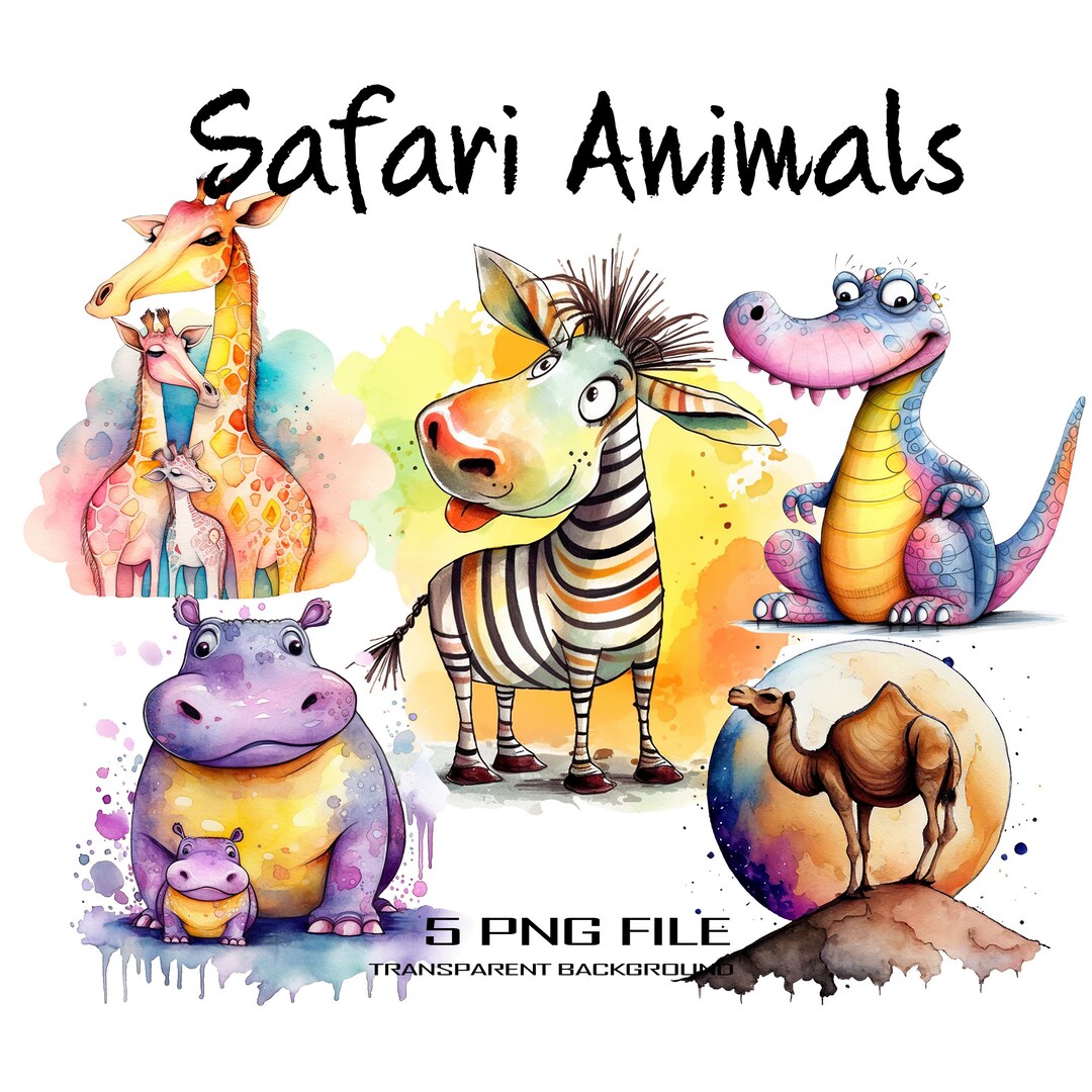 Whimsical Safari Animal Watercolor Clipart Set - Giraffe, Hippo, Zebra ...
