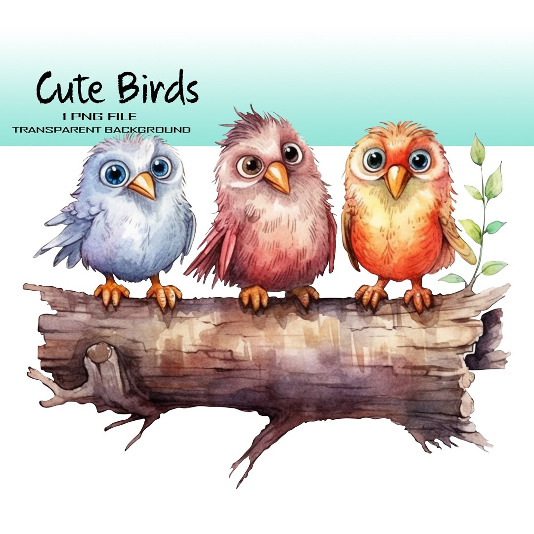 Watercolor Bird Clipart - Playful Chibi Birds Perched on an Old Tree ...