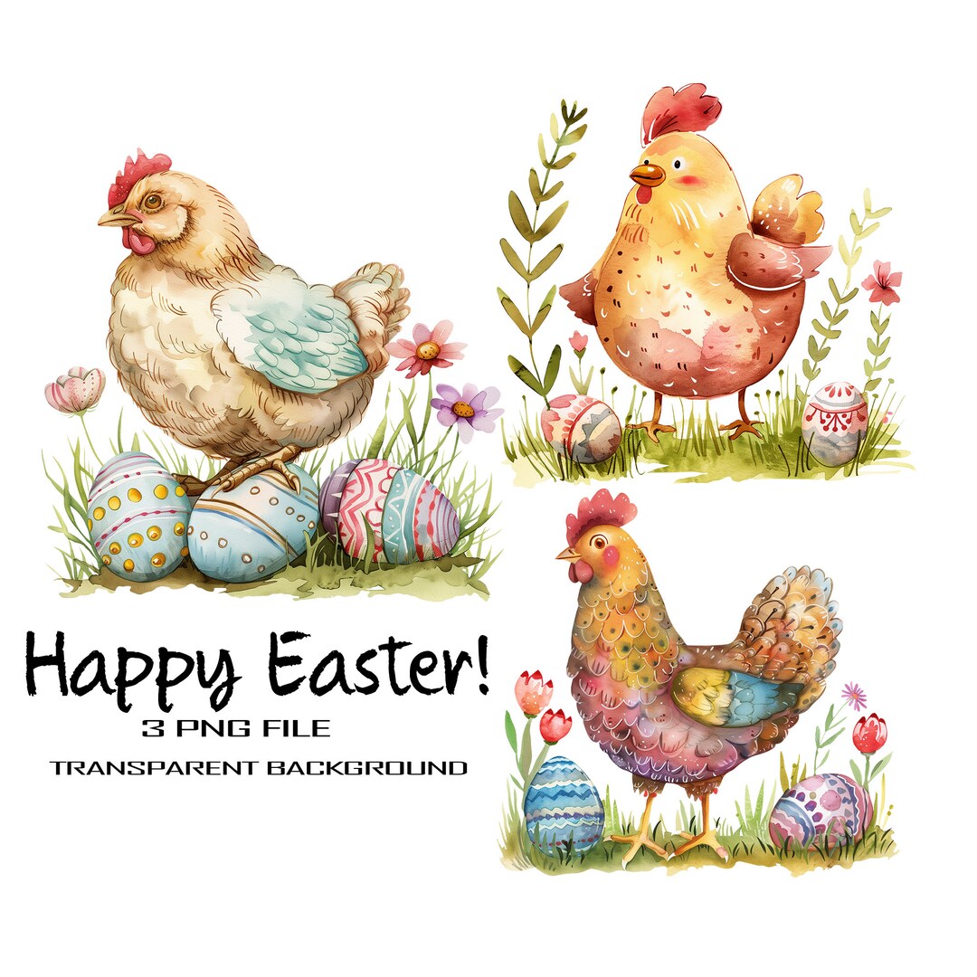 Easter Clipart, Chicken, Egg and Spring Flowers PNG, Digital Art ...