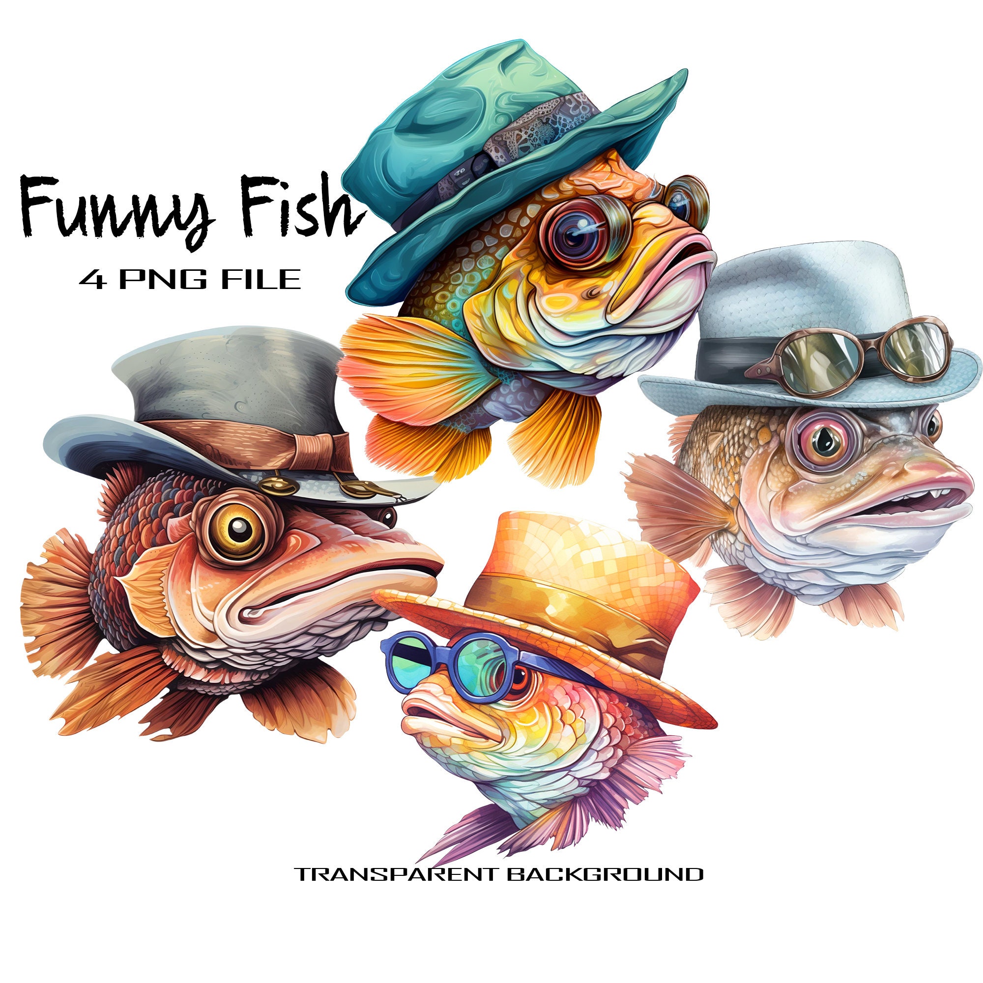 Funny Fish PNG Clipart Set of 4 - Etsy