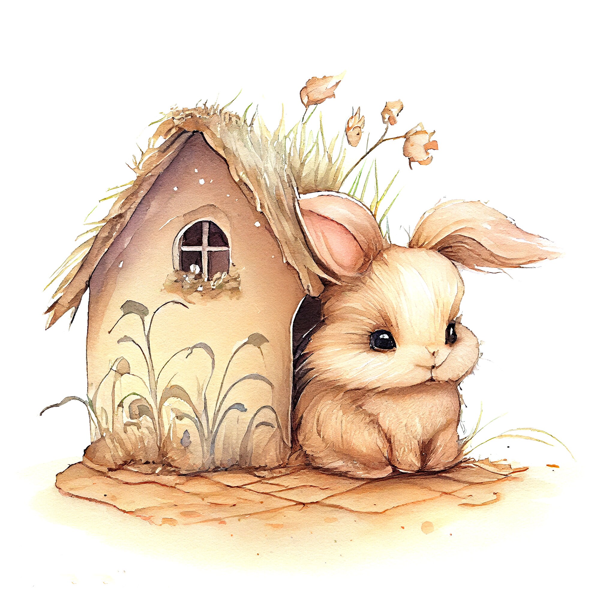 Cute Bunny House Jpg Digital Fails, Funny Animals Watercolors Drawing ...