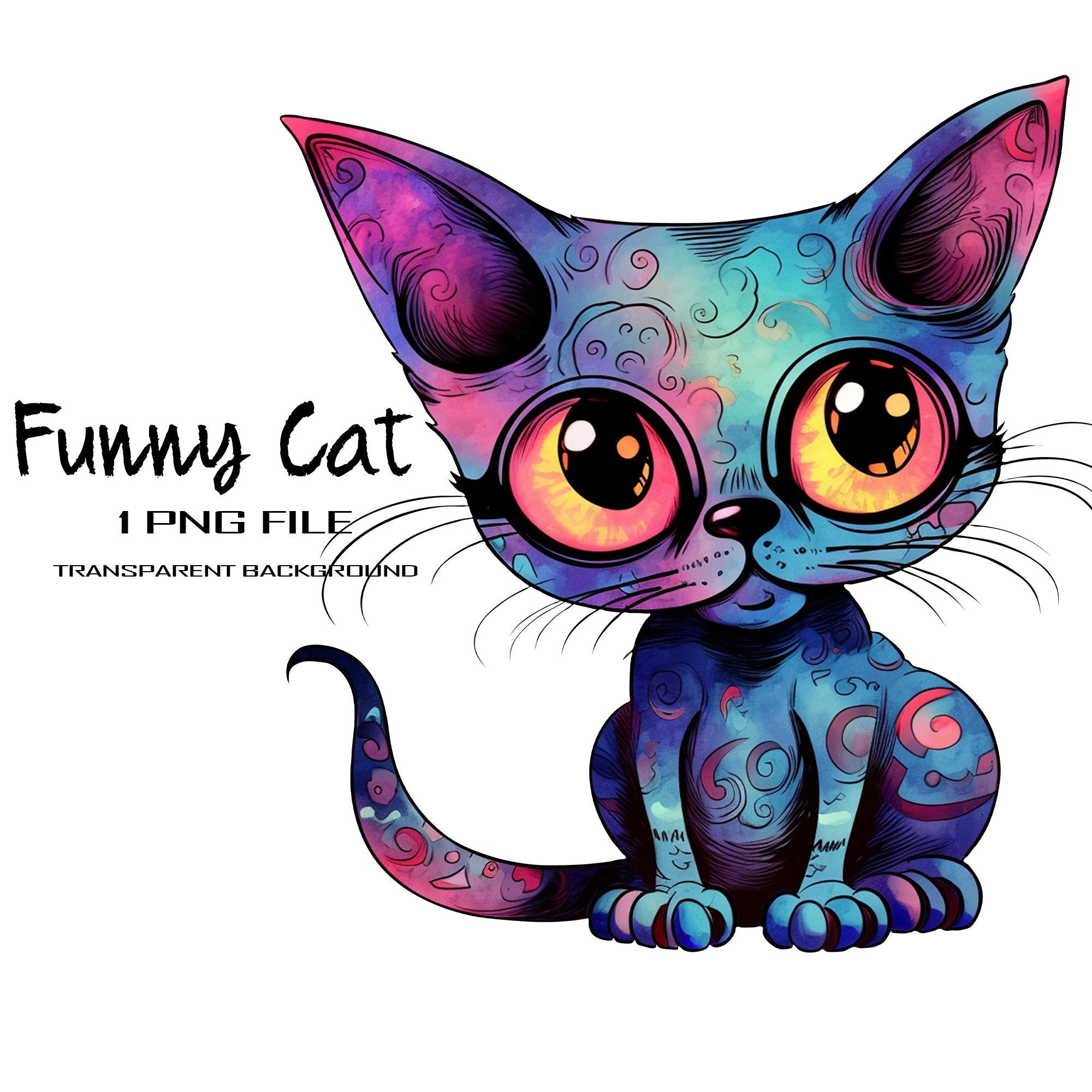 Cat Clipart, Funny Animal PNG, Watercolor Digital Whimsical Art File ...