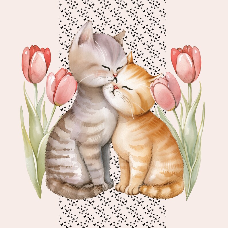 Cute Cats and Spring Flowers Clipart With Transparent Background - Etsy