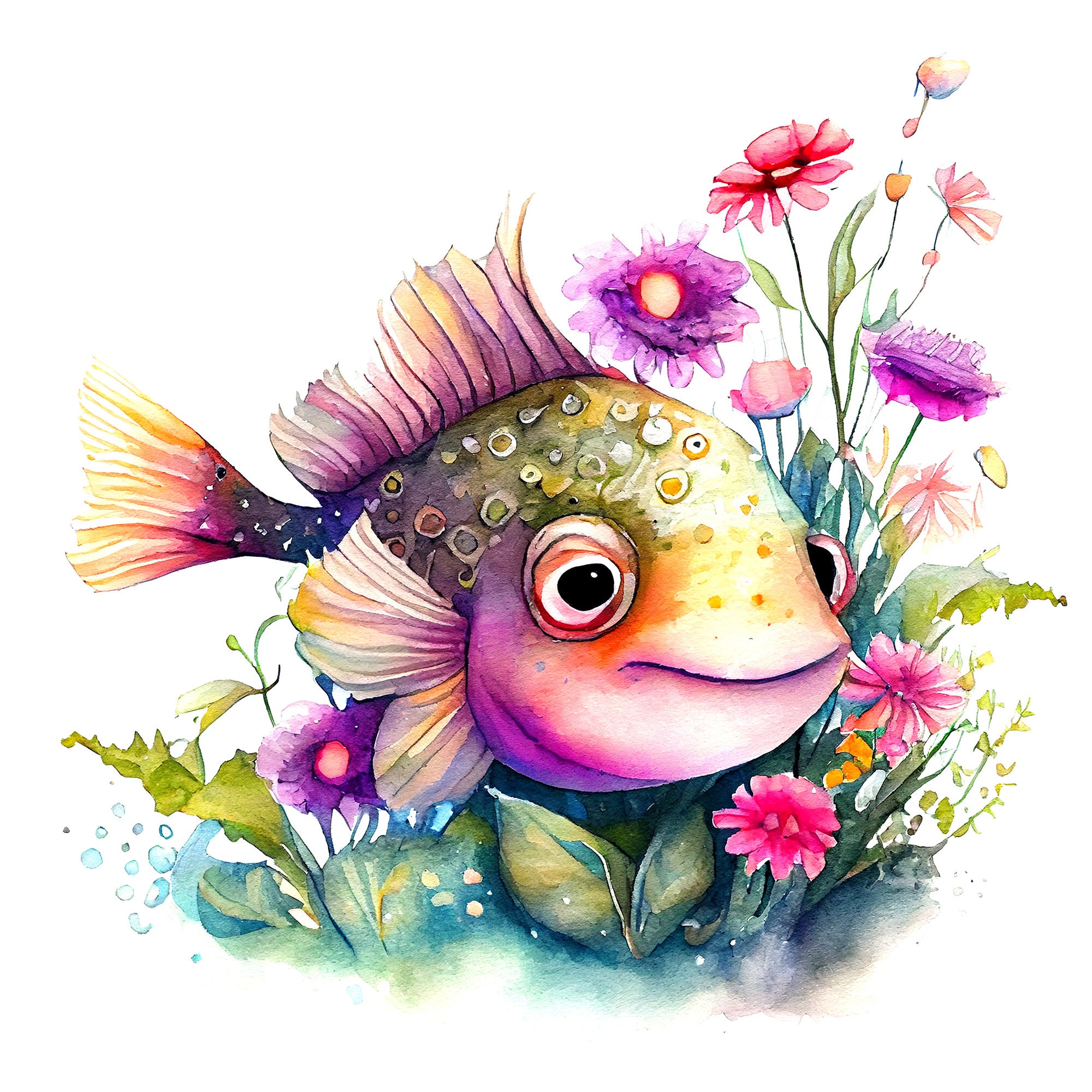 Funny Fish and Underwater Plants Drawing Jpg Digital File for Instant ...