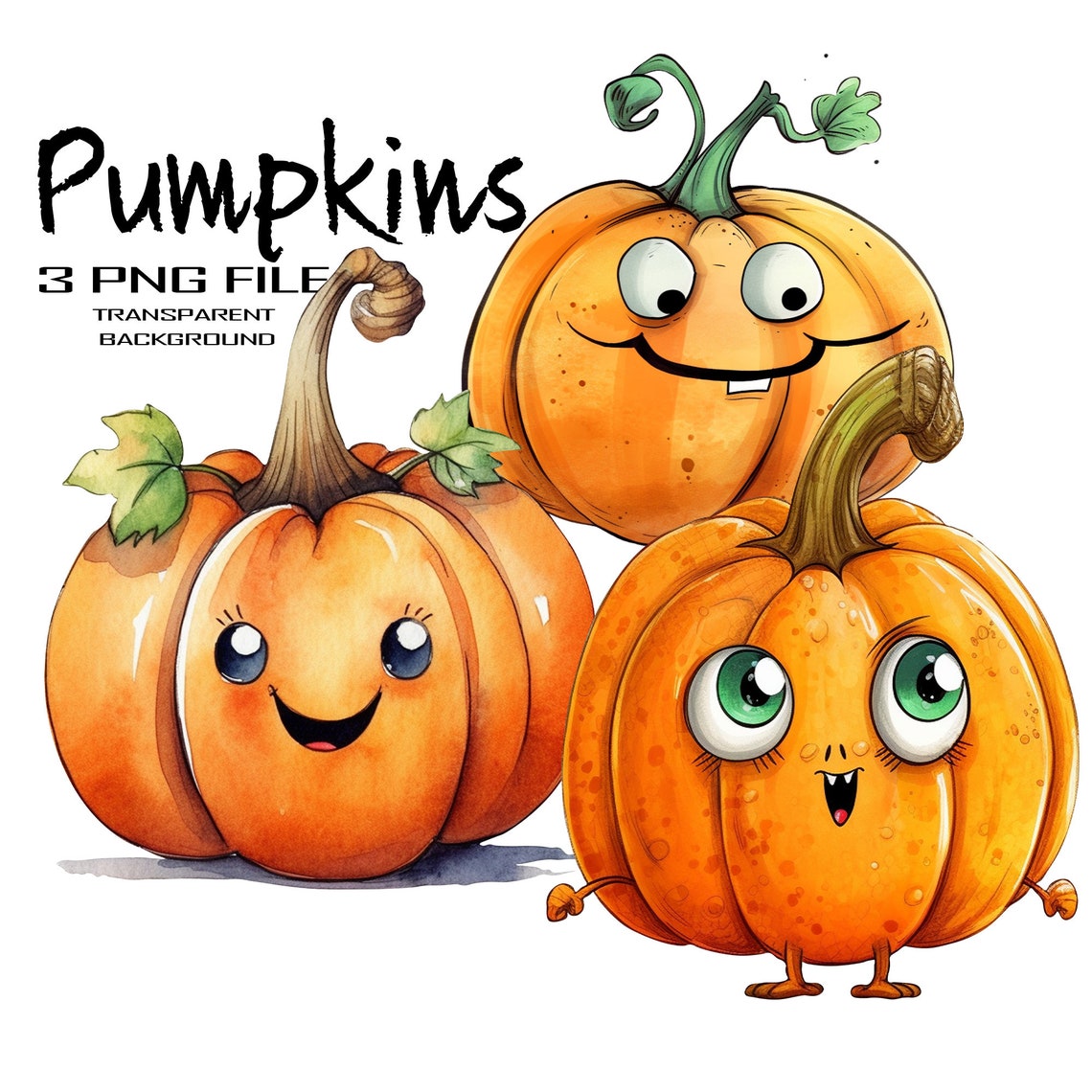 Watercolor Pumpkin PNG Clipart Funny Halloween Clip Art - Etsy