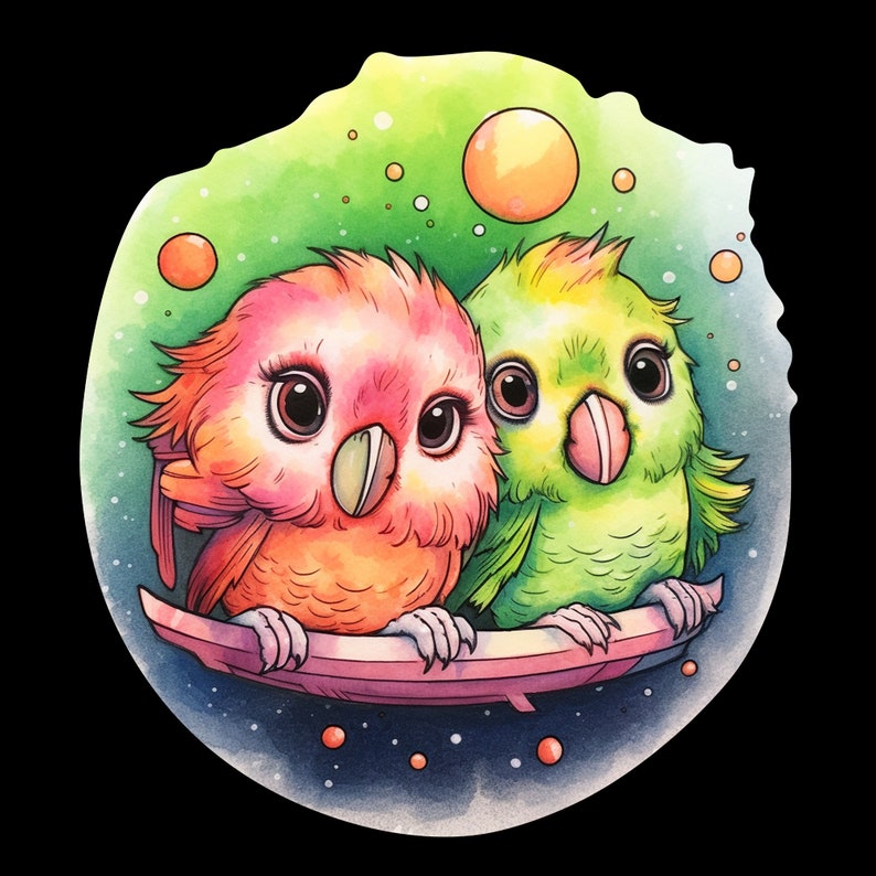 Cute Bird Watercolor Clipart: PNG Chibi Parrots Orange and Green Color ...